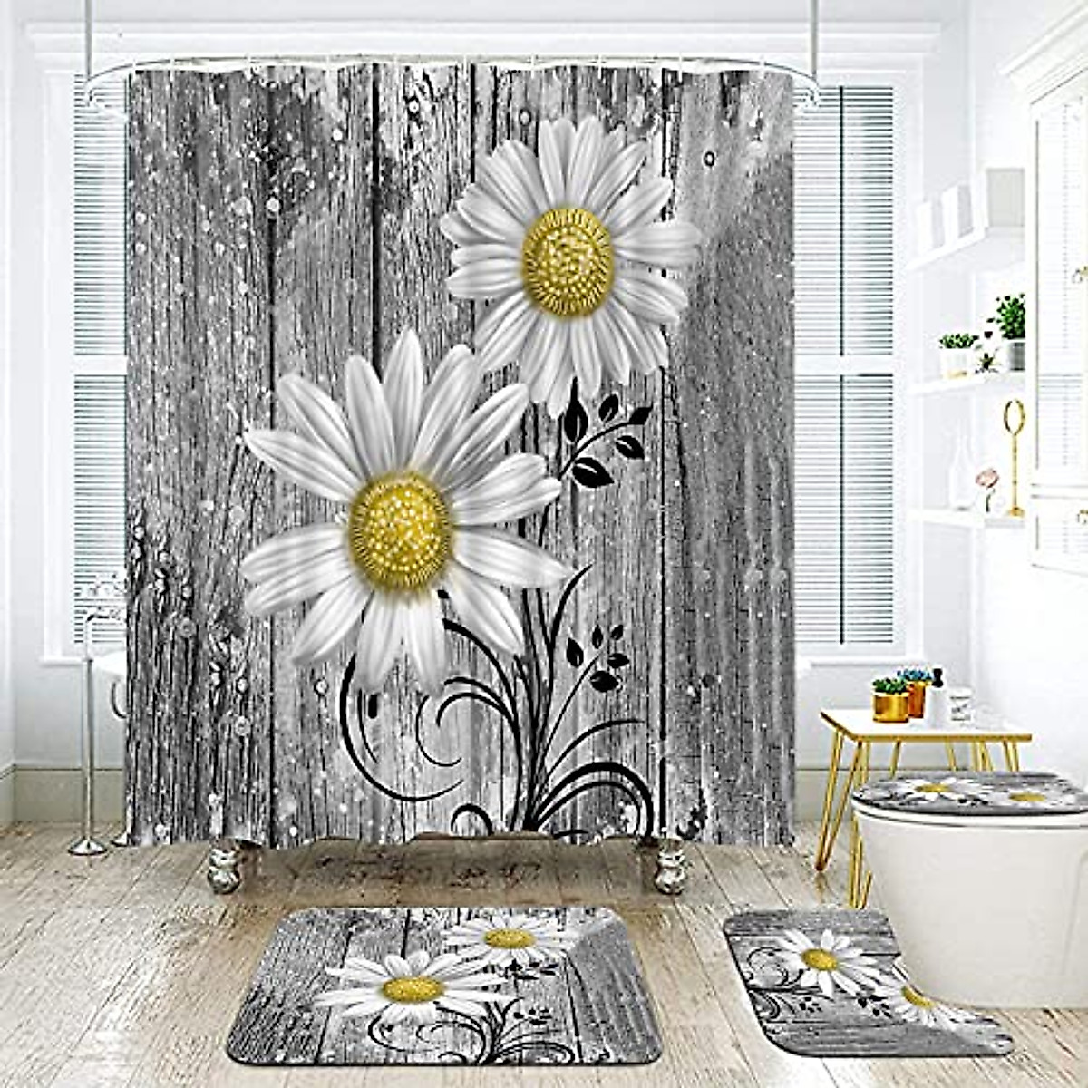 DuoBaorom 4 Pieces Set Daisy Shower Curtain Set Yellow and White Flower Rustic Wood Art on Non-Slip Rugs Toilet Lid Cover Bath Mat and Bathroom Curtain with 12 Hooks 72x72inch