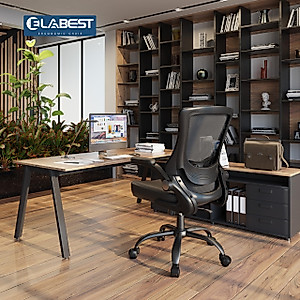 ELABEST T29 Ergonomic Office Chair, Comfy Computer Desk Chair, Mesh Back Home Office Chair with PU Leather Padded, Adjustable Lumbar Support, Flip-up Arms,Swivel Wheels,Work Task Chair for Long Hours