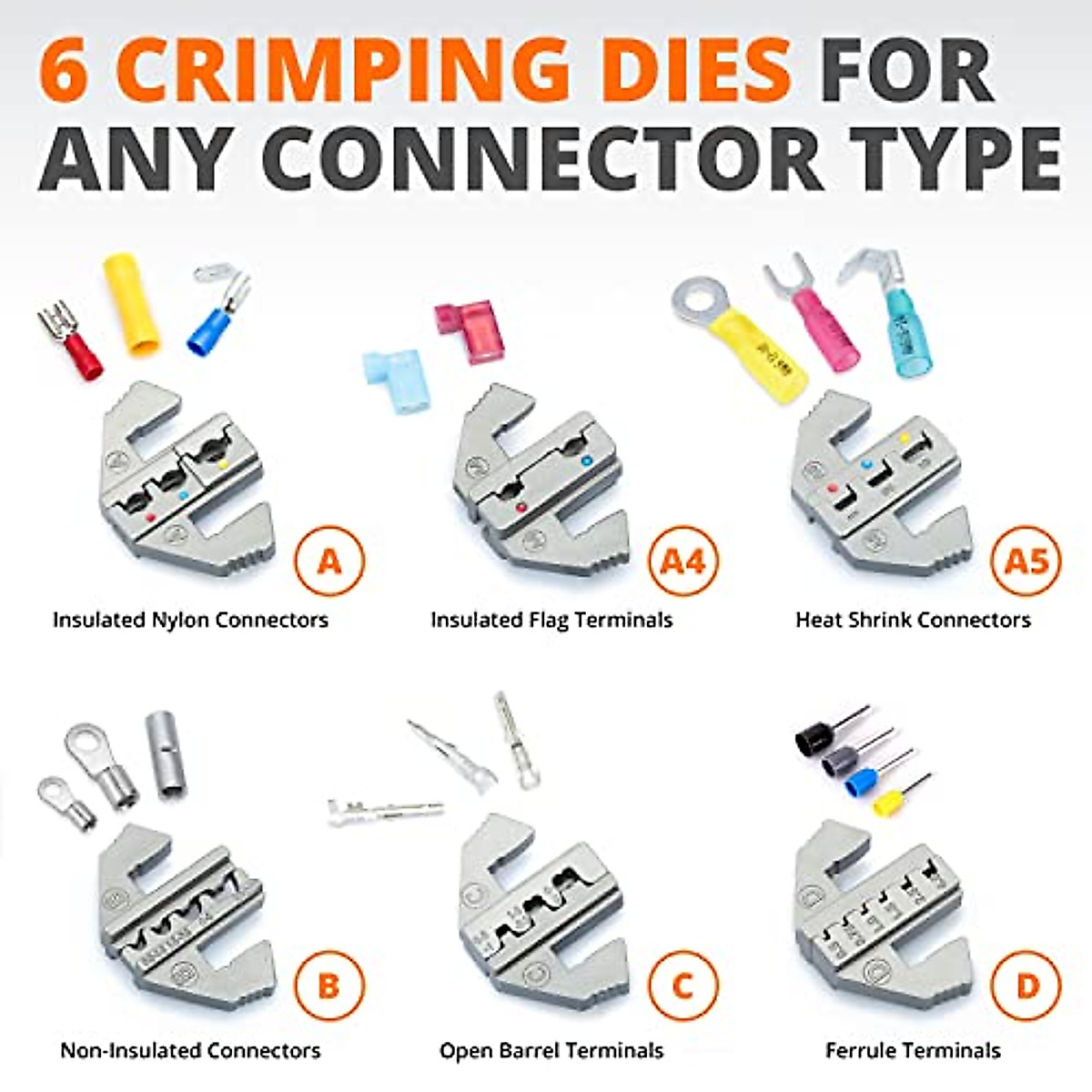 Wirefy Crimping Tool Set 8 PCS - Ratcheting Wire Crimper - Heat Shrink, Non-Insulated, Open Barrel, Flag, Ferrule Connectors