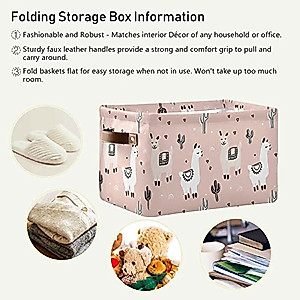 Cartoon Llama Alpaca Cactus Storage Bin Canvas Toys Storage Basket Bin Large Storage Cube Box Collapsible with Handles for Home Office Bedroom Closet Shelves,2 pcs