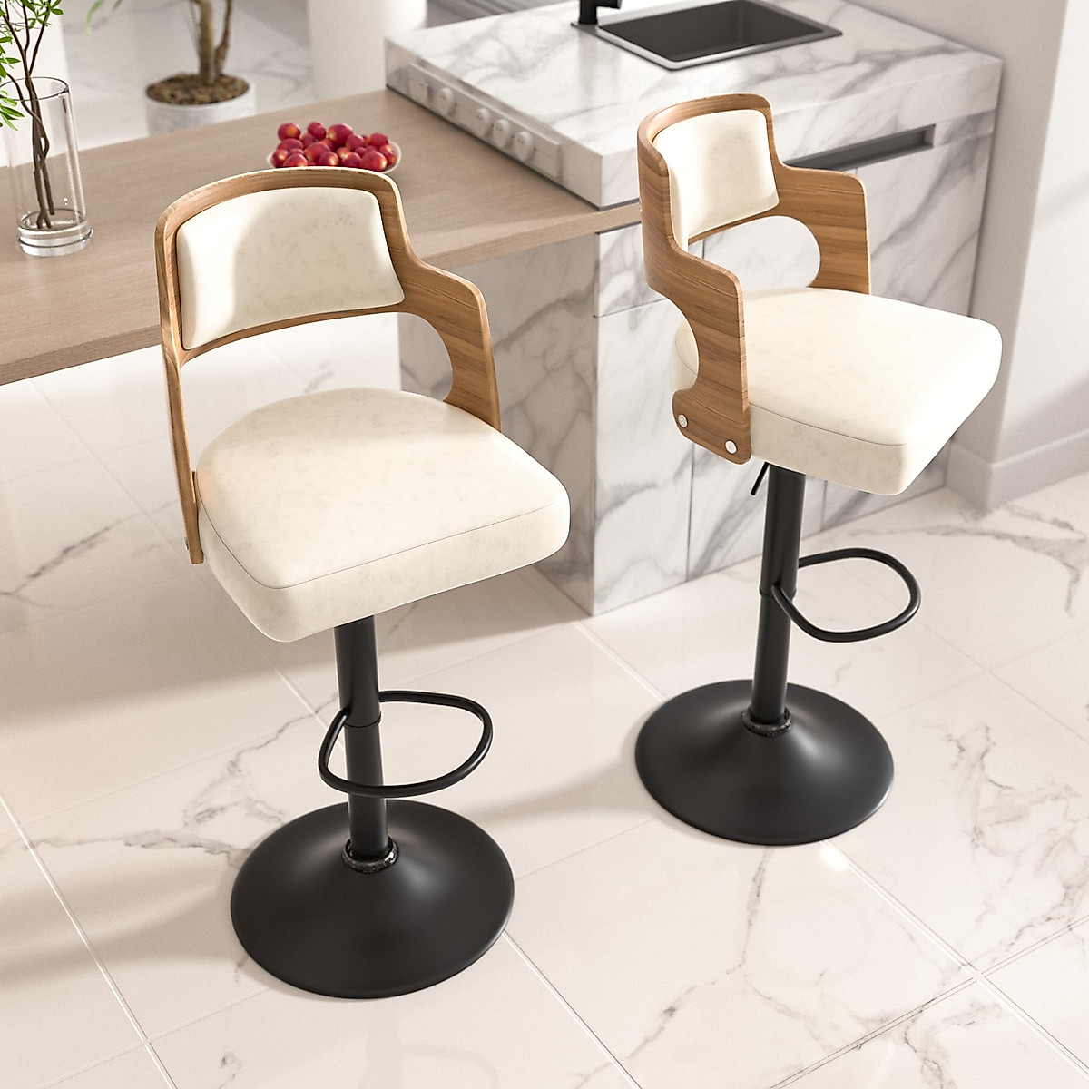 Miereirl Bar Stools Set of 2 Morden Height Counter Bar Stools with Wood Back Thickened Seat Swivel Adjustable Stool Chair for Home Kitchen Island Beige