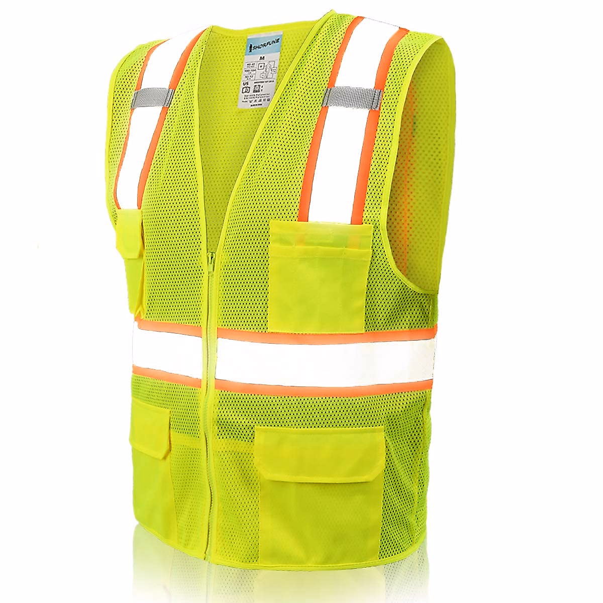 SHORFUNE High Visibility Safety Vest with 10 Pockets, Mic Tabs, Zipper and Reflective Strips, Reflective Construction Vest for Men and Women, ANSI/ISEA Standards, Yellow, M