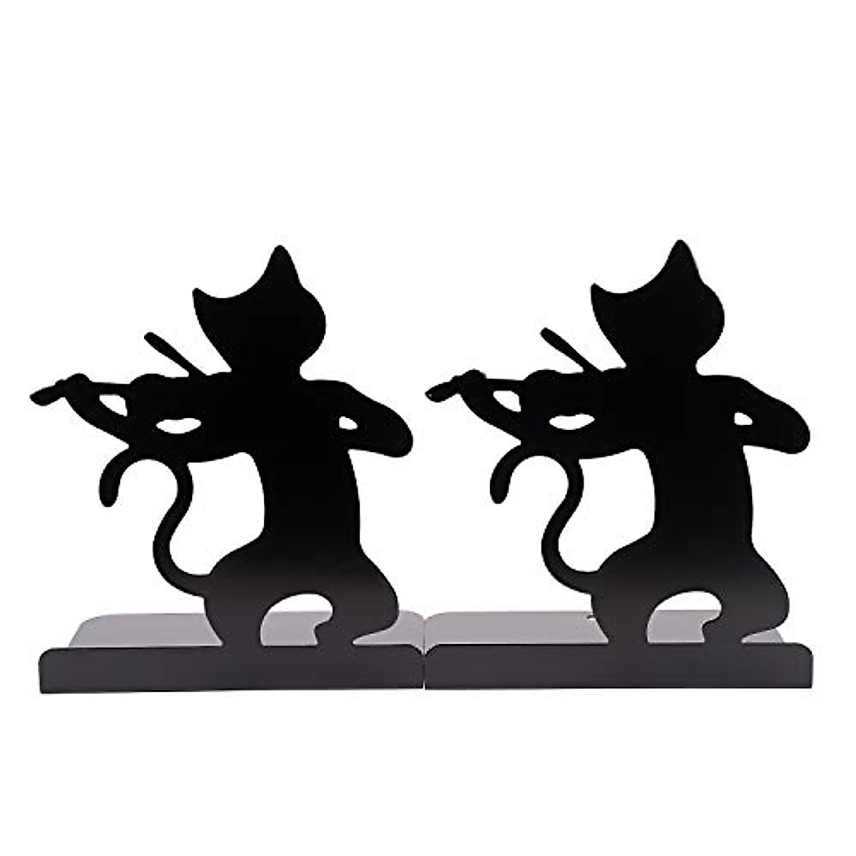 Cute Animal Metal Cat Book Ends Novelty Black Music Cat Play Bookends Decorative for Shelves Iron Cat Book Stand Anti-Slip Heavy Duty Desktop Organizer Book Shelf Holder for Library School Office Home