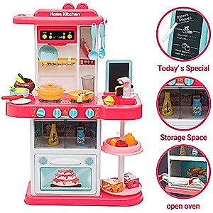 Little Brown Box Kids Pink Plastic Kitchen Playset Toy, Pretend Play, Cookware Set, Dishes, Pretend Food W/ Sink, Realistic Steam, Lights & Music - Gift for Toddler, Children, Girls 3,4,5 Years