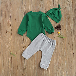 Newborn Baby Boys My First St. Patrick's Day Outfits Green Long Sleeve Romper Clover Print Trousers Hat 3Pcs Set (1#Green, 6-12 Months)