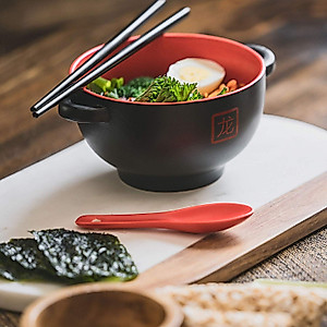 Red Dragon Large Ramen Bowl Set with Chopsticks & Soup Spoon - Microwavable & Durable Ceramic Ramen Bowl and Spoon Set for Noodles, Pho Bowls, Soup, Ramen, Udon, Miso, Thai, Curry & Soba (23 Ounce)