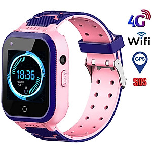 4G Kids Smart Watches, IP67 Waterproof LBS WiFi GPS Tracker Children Smartwatch Phone Call for Boys Girls, Touch Screen Cellphone Camera Voice Video Chat Anti-Lost SOS Learning Toy (Pink)