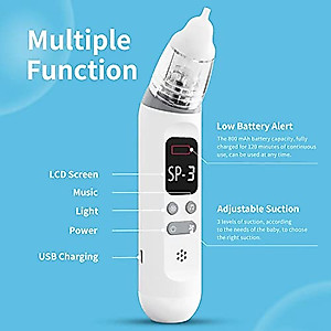 Nasal Aspirator for Baby, Electric Baby Nose Sucker with Adjustable 3 Levels Suction, Rechargeable Booger Sucker for Babies with 8 Light Modes and 3 Nursery Rhymes