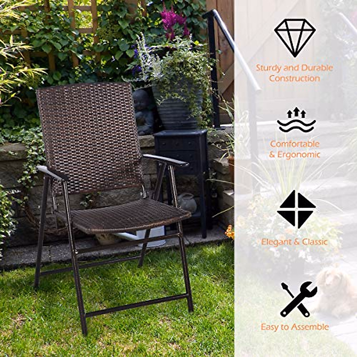 Safstar 4-Piece Patio Folding Chair Set, Portable Rattan Chairs with Steel Frame for Garden Backyard Party Wedding