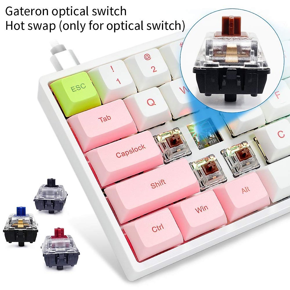 YUNZII SK61 Pink Hotswap Mechanical Gaming Keyboard with Optical Switch, RGB, Programmable Custom Keyboard (Gateron Blue Switch, Pink 61 Keys)