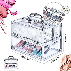 Hot Sugar Mixed Beauty Makeup Kit Cosmetic Set All in One Train Case Matte Shimmer Eyeshadow Palette Blushes Lipstick Stylish Jewelry Box Birthday Gifts for Teenager Girls Women (Clear)