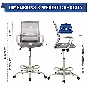 ZUNMOS Drafting Tall, Counter Office, High Standing, Ergonomic Mesh Computer Task Chair with Armrests and Adjustable Foot-Ring for Bar Height Desk, Grey
