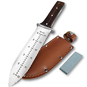 gonicc Professional Hori Hori Garden Knife with Leather Sheath, Protective Handguard, High polished 440 Stainless Steel Blade, Sharpening Stone Included, for Weeding, Digging, Pruning, and Cultivating, Gardening Spades
