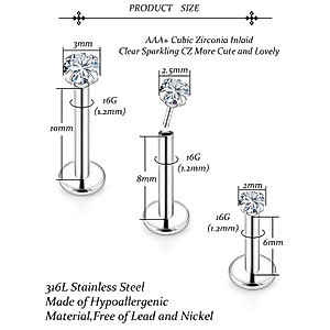 16G Threadless Push in Lip Rings Stainless Surgical Steel Labret Jewelry Monroe Lip Rings Nail Cartilage Tragus Helix Earrings Studs Nose Ring Medusa Piercing Jewelry For Women Men 10MM Length 3MM CZ