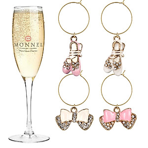 P414 Crystal Bow Ballet Shoe Wine Charms Glass Marker for Party with Velvet Bag(Pink White,Set of 4)