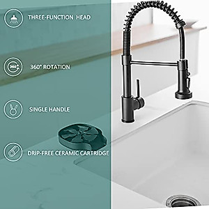 Hoimpro Matte Black Spring Kitchen Faucet with Pull Down Sprayer, Rv Black Kitchen Sink Faucet with Pull Out Sprayer,3 Function Single Handle Laundry Faucet with Cover Plate,Brass(Single or 3 Hole)