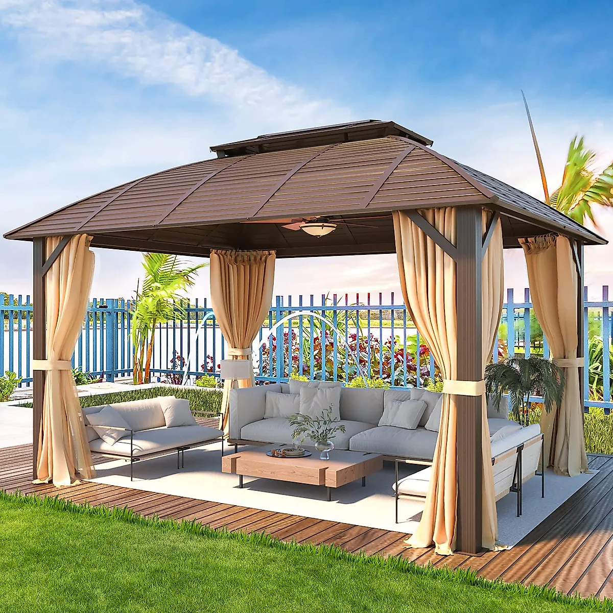 YOLENY 10'x13' Hardtop Gazebo with Galvanized Steel Arc Double Roof，Aluminum Frame Included, Outdoor Canopy Gazebos with Curtain&Netting, Sunshade for Gardens, Lawns, Deck