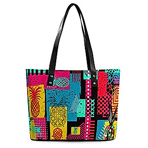 Womens Handbag Pneapples And Geometric Pattern Leather Tote Bag Top Handle Satchel Bags For Lady