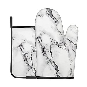 Simple White Marble Stone Funny Oven Mitt and Pot Holders Set Heat Resistant for Kitchen Cooking Baking Grilling Waterproof Non-Slip Thick Oven Gloves