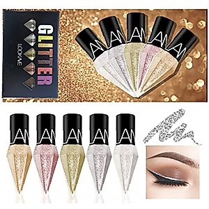 Go Ho Glitter Liquid Eyeliner Colorful Set,5 Colors Metallic Shimmer White Silver Gold Diamond Eye Liner,Glitter Eyeliner Make up,Waterproof Long Lasting Glow Sparkle Eye Makeup