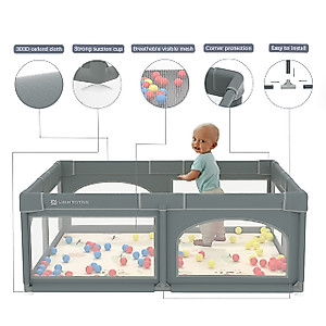 LIGHTOTOS Extra Large Baby Playpen with Mat-50 Balls-8 Hand Holds, 71x61x27 Inches Big Toddler Playpen with Carry Bag, Safety Play Yard for Infants Activity Grey