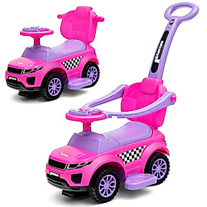 OLAKIDS 4 in 1 Ride on Push Car, Toddlers Stroller Sliding Walking with Horn, Music, Lights, Removable Guardrails and Handle, Underneath Storage, Baby Foot-to-Floor Walker Boys Girls (Pink)