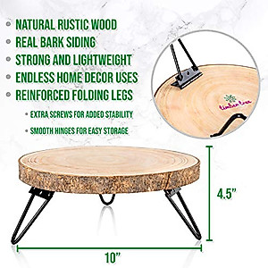Timber Tree 10 inch Wood Cake Stand for Dessert Table - Round Rustic Cake Holder Tray Wooden Serving Platter Pedestal Centerpiece Decoration with Sturdy Hinged Metal Legs for Wedding Cakes