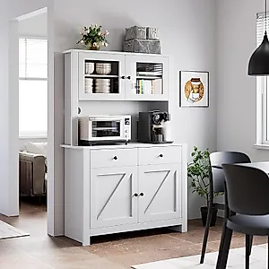 GarveeHome Kitchen Pantry Cabinet with Microwave Stand, Freestanding Hutch Cabinet with Buffet Cupboard, Tall Kitchen Cabinets with Adjustable Shelves for Kitchen, Dining Room, White