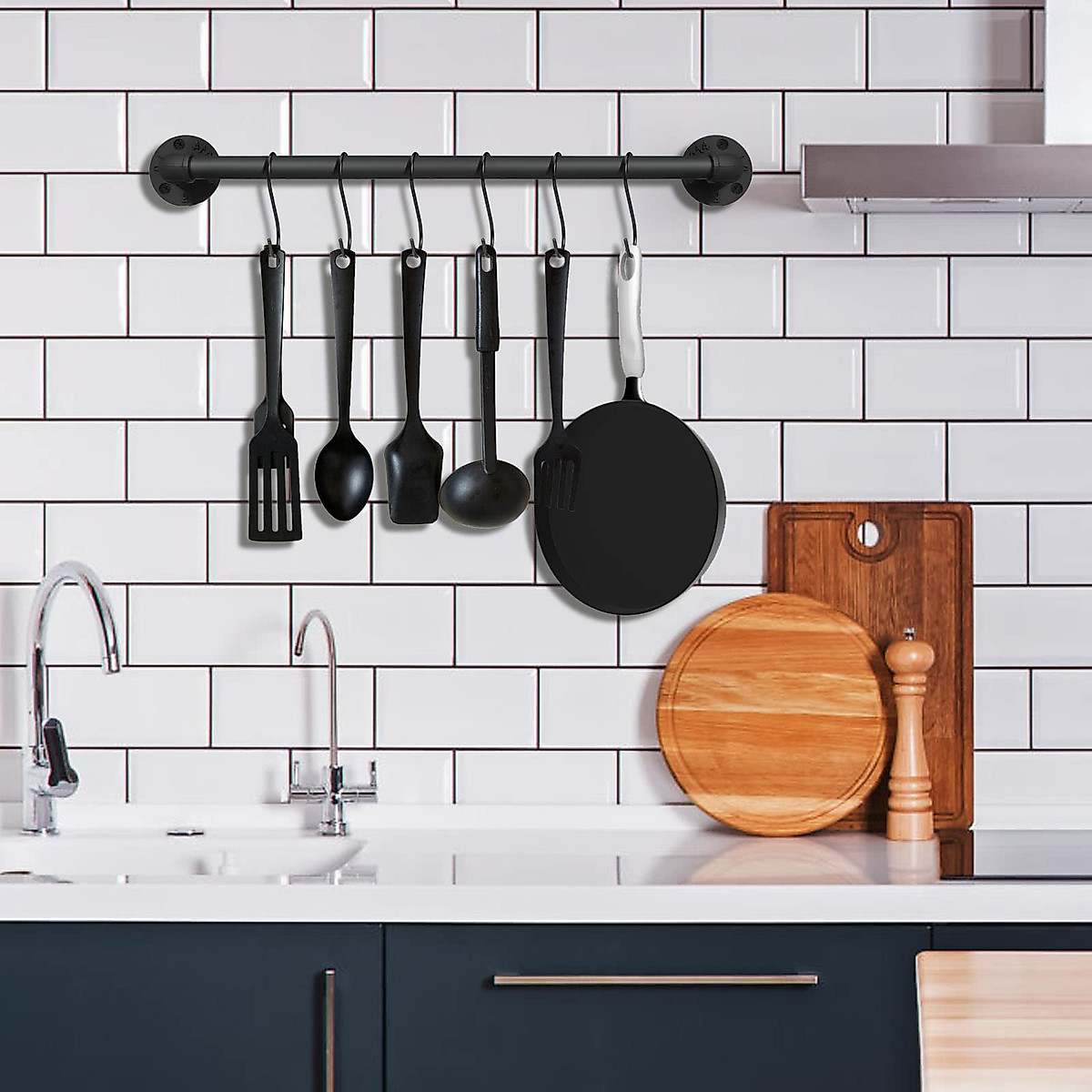 EGASON 21 inch Pot Pan Bar Rack Wall Mounted Set of 2 with 16 Hooks Industrial Pipe Pot Pan Hanger Rustic Iron Pan Hanging Rail Pipe Towel Holder Kitchen Utensil Organizer Black