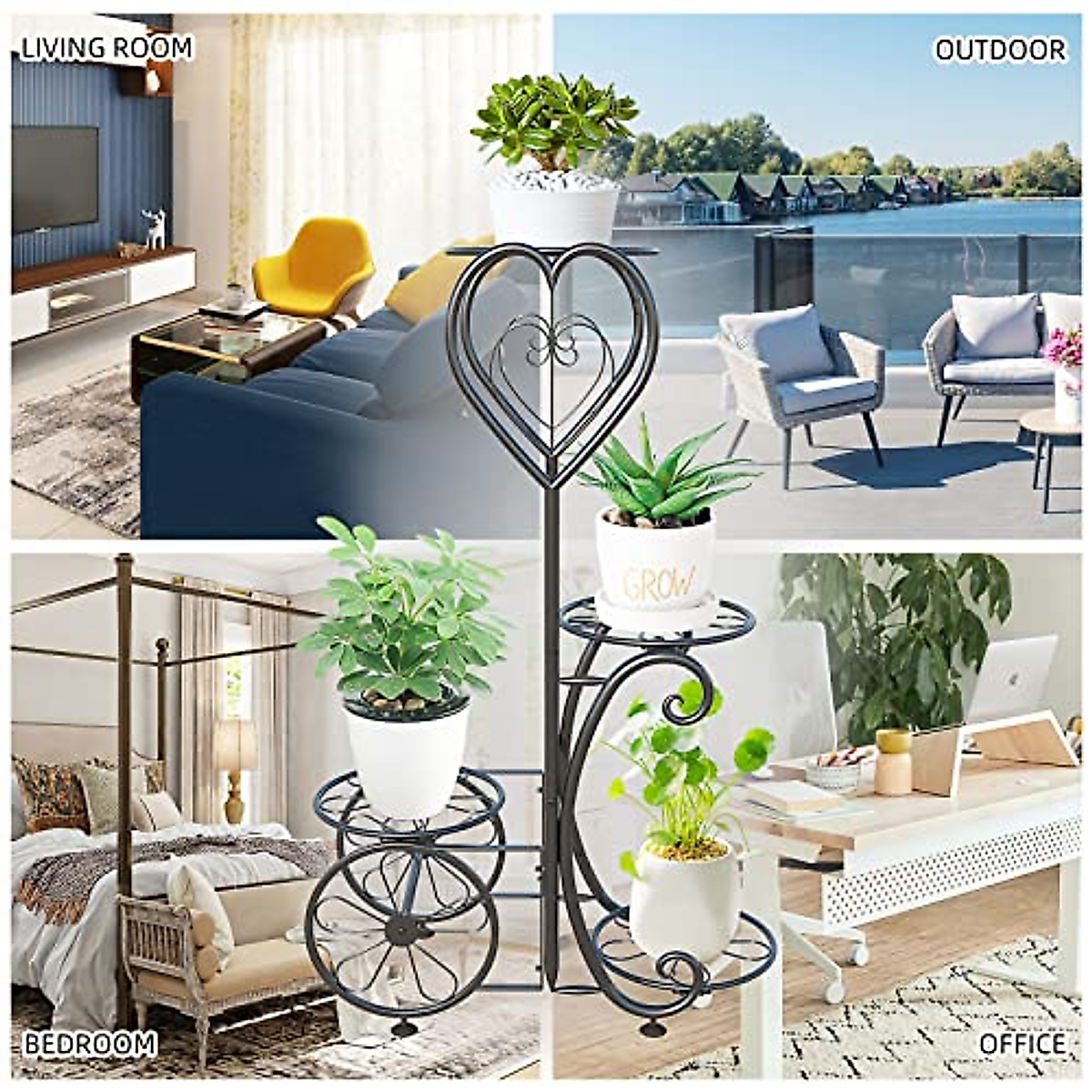 Plant Stand Indoor Outdoor - Metal 4 Tier Flower Pot Holder Display Vertical Shelves Shelf - Wrought Iron Corner Planter Rack Multiple Organizer for Garden Patio Lawn Balcony Office Black
