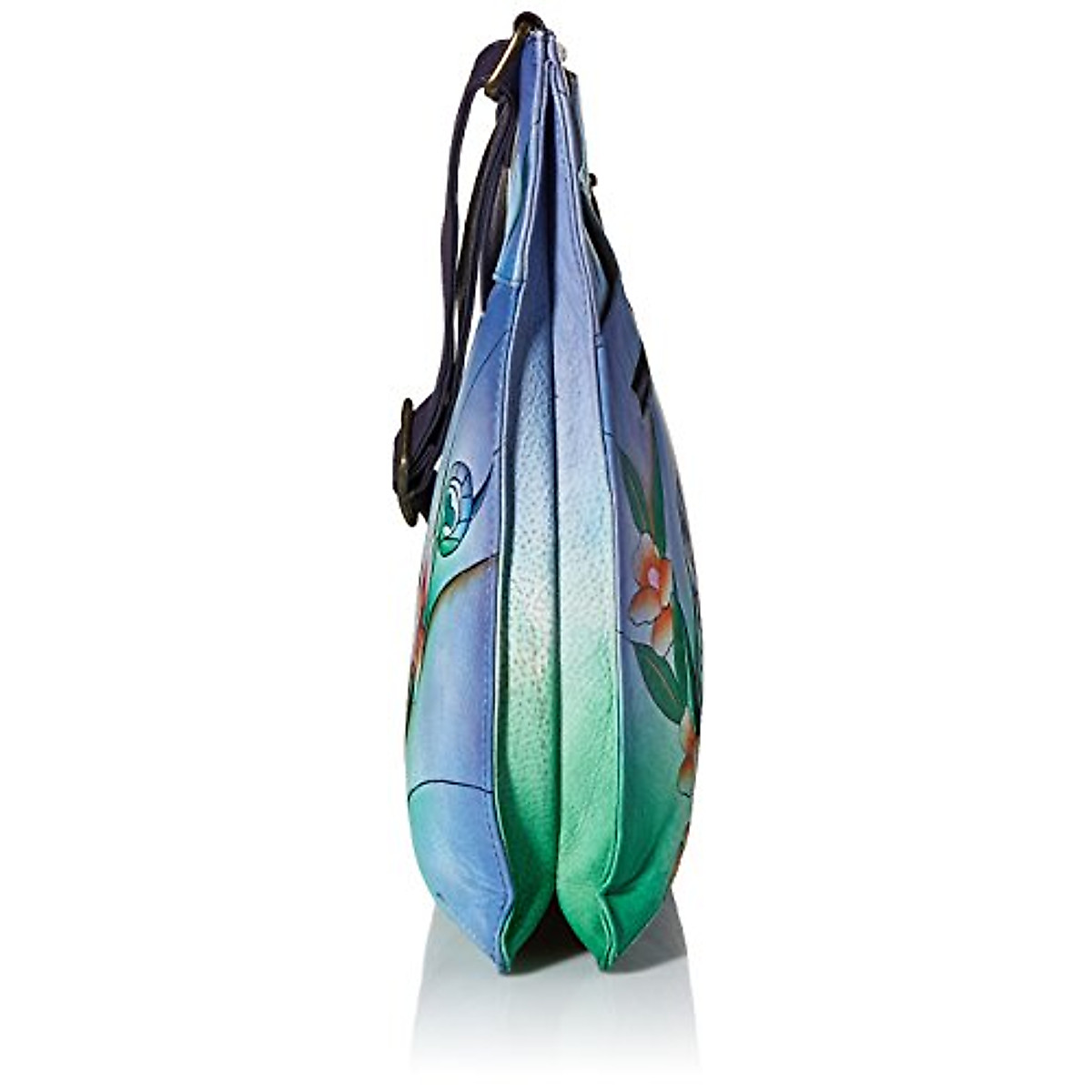 Anna by Anuschka Women's Genuine Leather Large V Top Multi-Compartment Cross Body | Hand Painted Original Artwork | Midnight Peacock