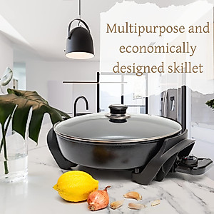 Moss & Stone Round Nonstick Electric Skillet With Lid, Aluminum 12 Inch Electric Frying Pan, 2 Layers Of Non-Stick Coating, Adjustable Temperature Control, Lid With Steam Vent, Electric Deep Skillet