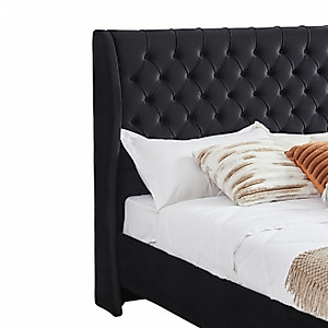 i-POOK King Size Platform Bed Frame, Velvet Upholstered Chesterfield Bed with Deep Button Tufted Wingback Headboard and Footboard, Wood Slats Support, No Box Spring Needed, Black