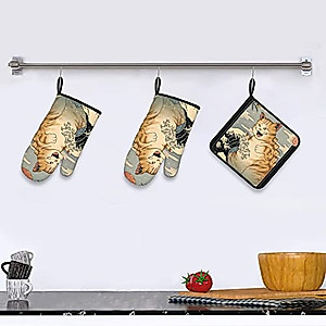 Tattoo Funny Cat Oven Mitts Pot Holders Set Non-Slip Cooking Kitchen Gloves Washable Heat Resistant Oven Gloves for Microwave BBQ Baking Grilling