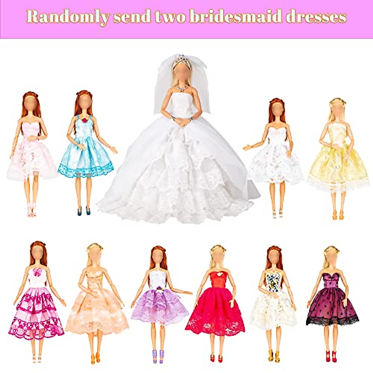 Keysse Doll Clothes Bride Wedding Dress with Bridesmaid Dress Gorgeous Trailing with Double Layer Wedding Veil, 5 Accessories, Veil + Crown + Necklace and Bracelet, Princess Party Dress for 11.5" Doll