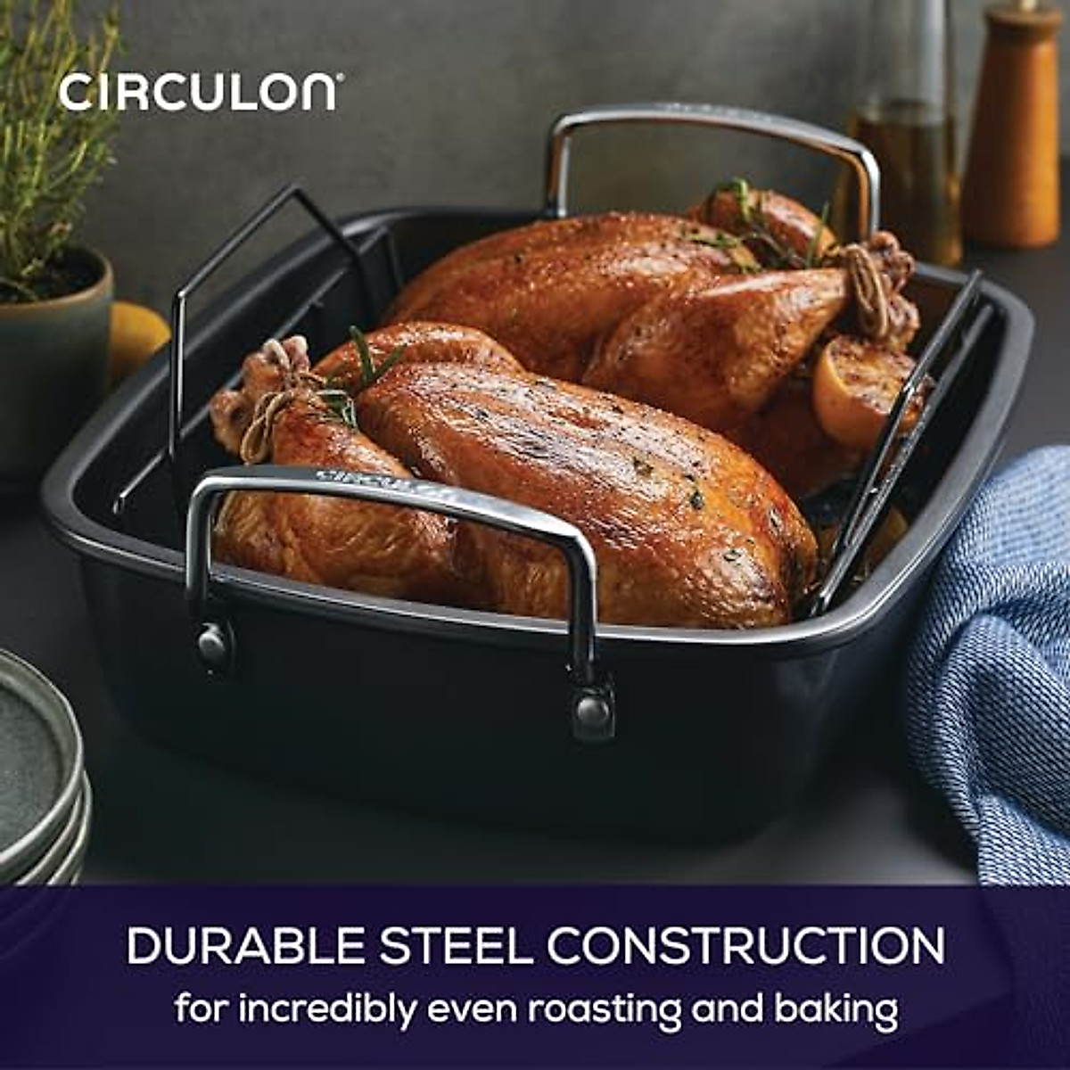 Circulon Ultra Lasting Nonstick Roaster/Roasting Pan with Easy Serve Rack, 17 Inch x 13 Inch, Black