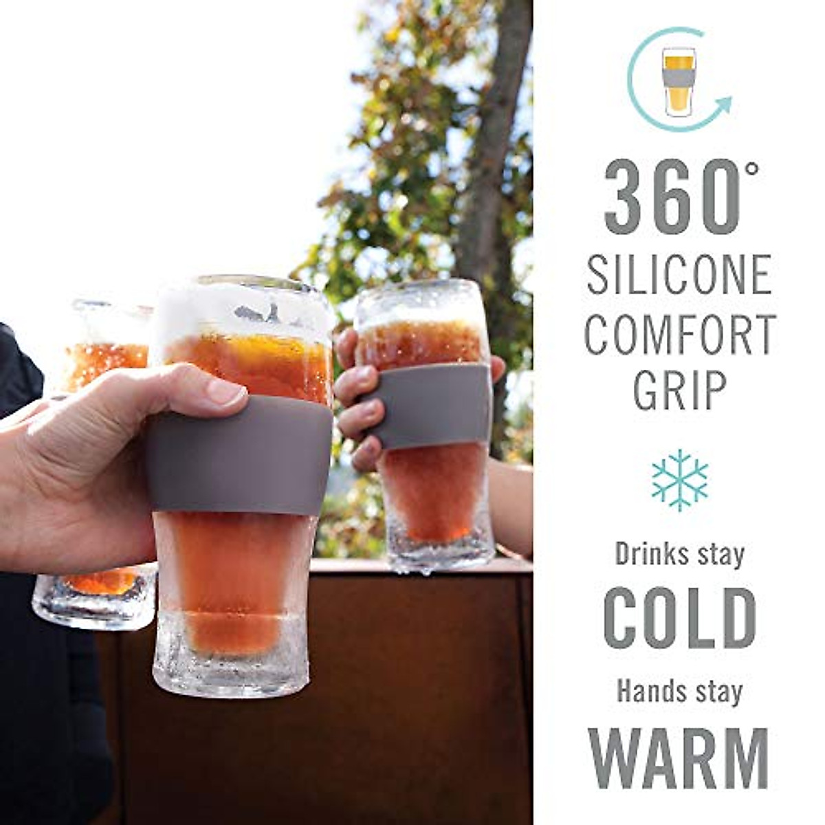 Host Freeze Beer Glasses, 16 ounce Freezer Gel Chiller Double Wall Plastic Frozen Pint Glass, Set of 4, Black and Grey