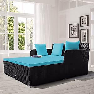 Tangkula Outdoor Rattan Daybed, Sunbed Wicker Furniture w/Spacious Seat, Upholstered Cushion & High-Resilience Sponge, Wicker Patio Sofa Set w/Extra Pillows for Courtyard Poolside(Turquoise)