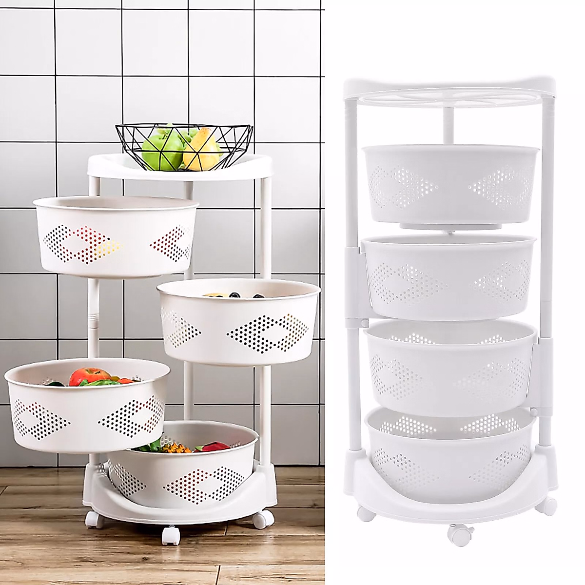 Ringmaster 4 Tier Multi-Layer Rotating Storage Rack Storage Shelves Organizer,Floor Standing Kitchen Storage Cart with Wheels,Fruit Vegetable Storage Basket Shelf for Kitchen,Living Room,Bedroom