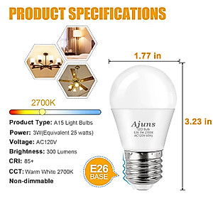 Ajuns Low Watt LED Light Bulbs 3W Equivalent 25W Light Bulbs, 120V 25W LED Ceiling Fan Bulb, Warm White 2700K Household Appliance Bulb, E26 Base, 12 Packs