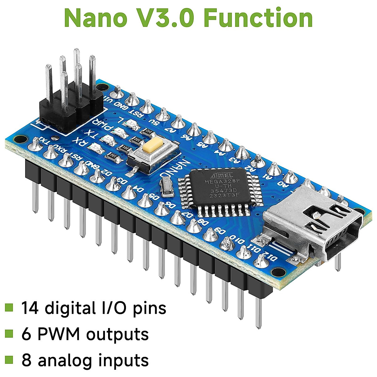 MakerFocus Pre-Soldered Nano V3.0 Board ATmega328P Microcontroller CH340 Chip 5V 16M with USB Cable Compatible with Arduino IDE(Mini USB B Port)