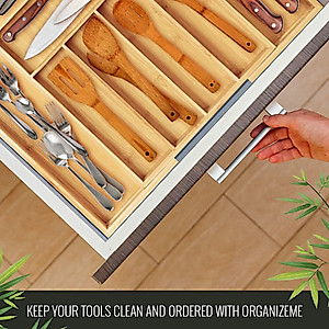 Bamboo Drawer Organizer Kitchen Silverware Utensil tray for Spoons Fork Cutlery Holder Cabinet with Expandable Dividers Adjustable Trays Wooden Flatware Storage Accessories Made with 100% Bamboo