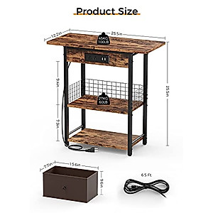 GiveBest End Table with Charging Station, Narrow Side Table with Cloth Drawer and Open Storage, Sofa Table with USB Ports and Outlets, Slim Bedside Table with Open Shelves for Living Room, Office