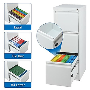 Finnhomy 3 Drawer Vertical File Cabinet with Lock, Metal Filing Cabinets for Home Office, Heavy Duty Storage Cabinet for Hanging Files A4/Letter/Legal with 25 Legal Size folders, Assembly Required