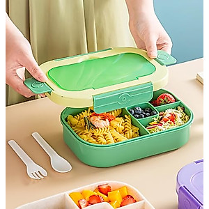 Cheardia 3 Pack Bento Lunch Box for Kid, 44 oz 4-Compartment Food Containers with Fork and Spoon BPA-Free Lunch Containers for Adults, Work, Microwave and Dishwasher Safe, Purple, Pink, Green