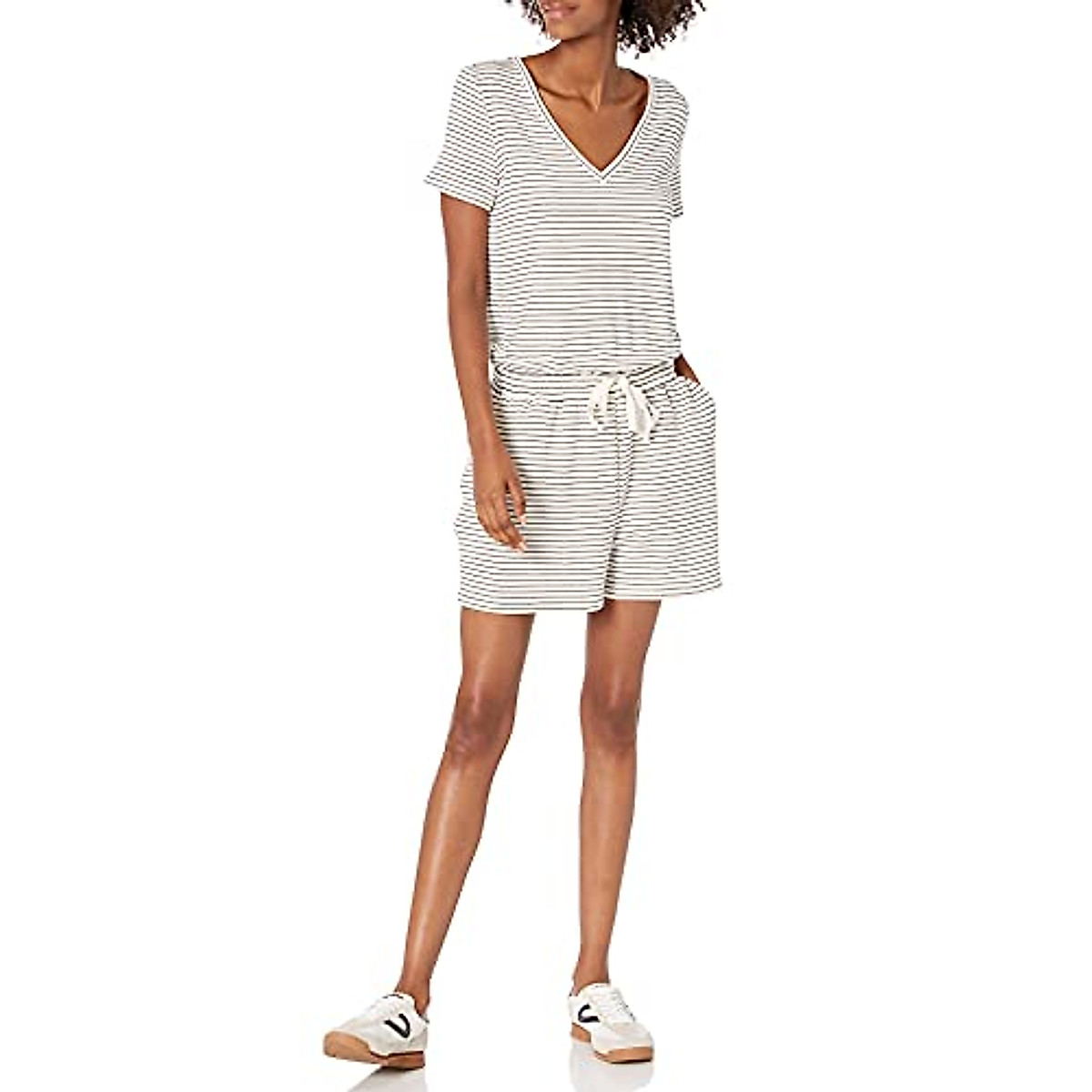 Amazon Essentials Women's Supersoft Terry Short-Sleeve V-Neck Romper (Previously Daily Ritual), Black White Thin Stripe, Large
