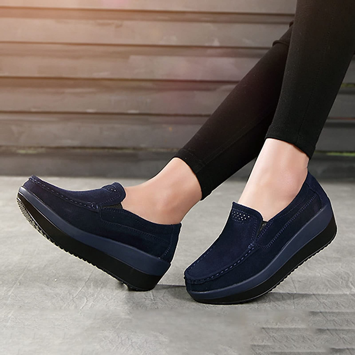AngryMonkey Women's Fashion Platform Sneakers High Hidden Heel Wedge Moccasin Slip-on Casual Low Top Non-Slip Walking Shoes (8.5,Dark Blue,8.5,Women)