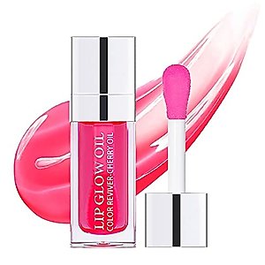 ZARICS Plumping Lip Oil, Hydrating Lip Gloss Tinted Lip Balm Lip Care Transparent Toot Lip Oil, Long Lasting Nourishing Lip Glow Oil Non-sticky Big Brush Glitter Shine Primer Lip Tint (CHERRY)