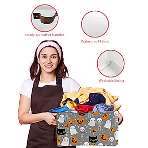 Halloween Grey Cube Storage Organizer Bins with Handles,15x11x9.5 Inch Collapsible Canvas Cloth Fabric Storage Basket,Books Kids' Bin Boxes for Shelves,Closet Spooky Pumpkin Ghost Skull Horror 1 Pack
