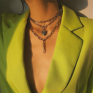 Ingemark Statement Cool Punk Chunky Chain Toggle Necklace for Women Heart Shaped Photo Locket Pendant Layered Heart Locket Necklace (Style 3 Silver)